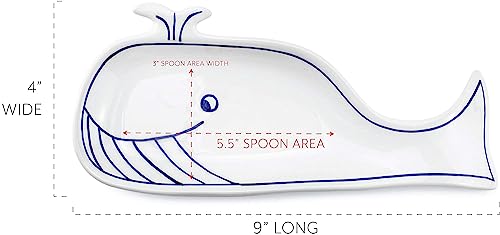 Cornucopia Whale Spoon Rest; Blue and White Ceramic Novelty Spoon Holder for Kitchen Stove