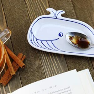 Cornucopia Whale Spoon Rest; Blue and White Ceramic Novelty Spoon Holder for Kitchen Stove