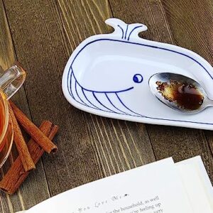 Cornucopia Whale Spoon Rest; Blue and White Ceramic Novelty Spoon Holder for Kitchen Stove