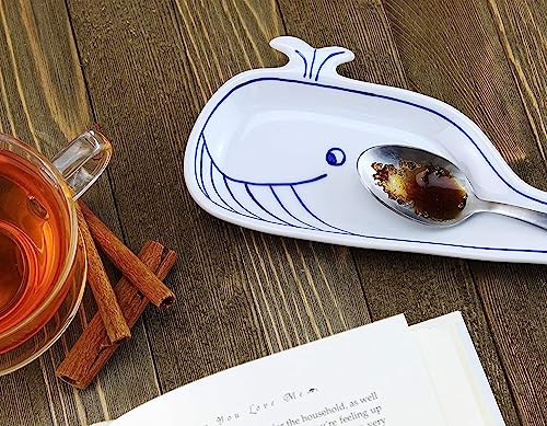 Cornucopia Whale Spoon Rest; Blue and White Ceramic Novelty Spoon Holder for Kitchen Stove