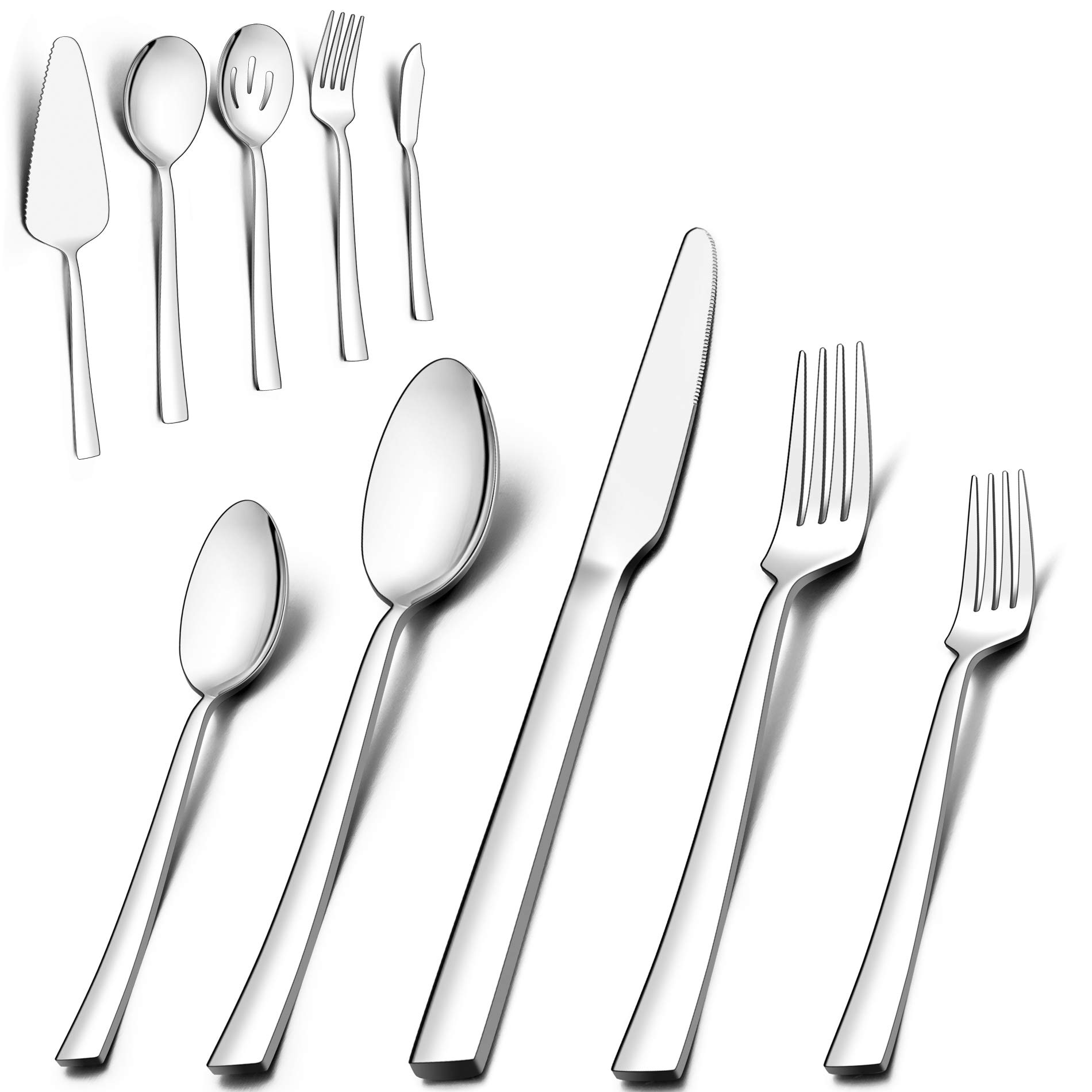 LIANYU 65-Piece Silverware Set with Serving Utensils, Stainless Steel Square Flatware Cutlery Set for 12, Eating Utensils Tableware Set, Mirror Finish