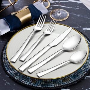 LIANYU 65-Piece Silverware Set with Serving Utensils, Stainless Steel Square Flatware Cutlery Set for 12, Eating Utensils Tableware Set, Mirror Finish