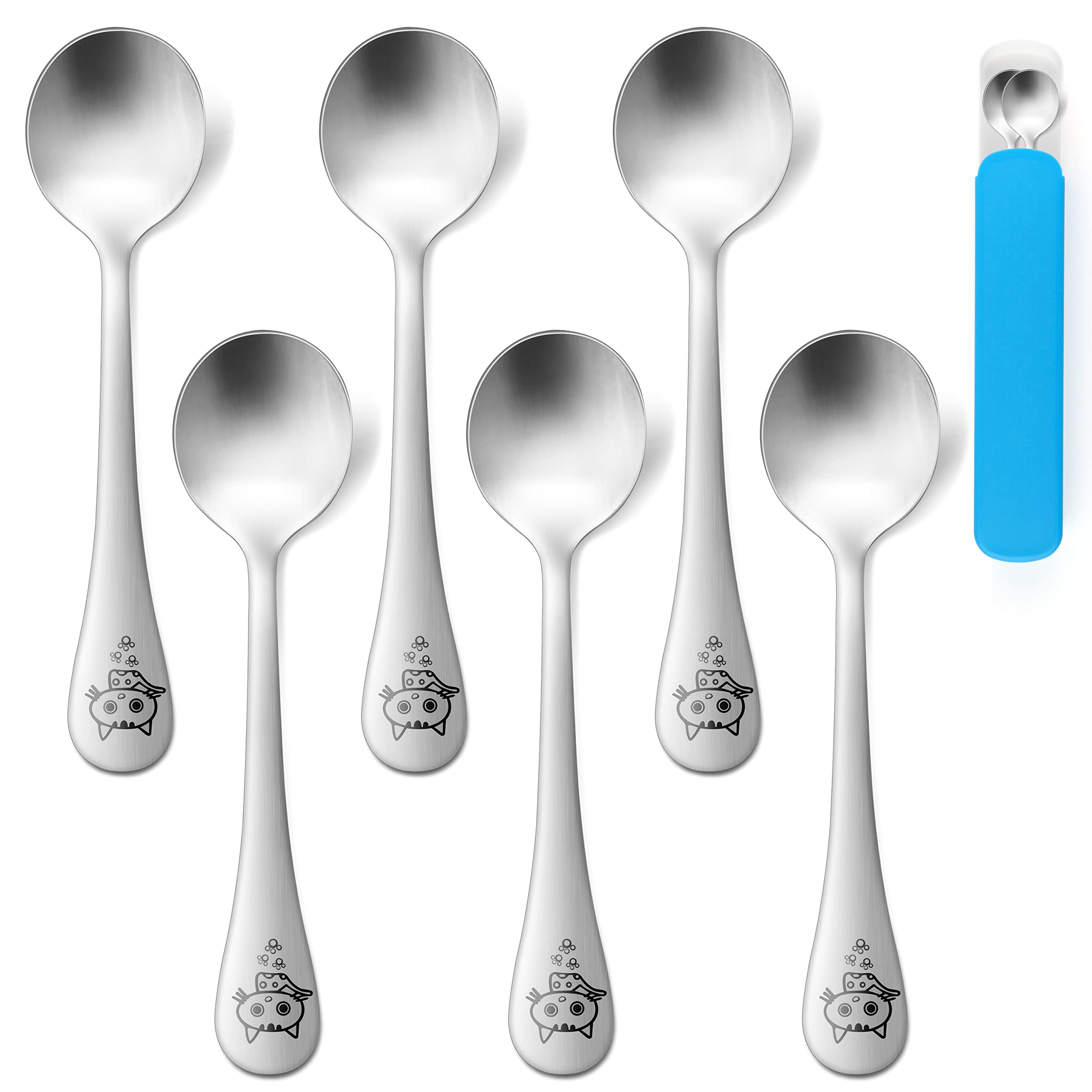 E-far Toddler Spoons, 6-Piece Stainless Steel Kids Utensils Spoon for Baby Self Feeding, Attached Portable Case & Cute Animal Pattern, Solid Metal & Small Size, Rust Free & Dishwasher Safe