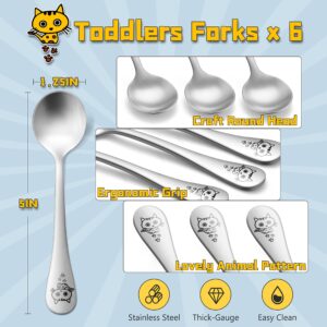 E-far Toddler Spoons, 6-Piece Stainless Steel Kids Utensils Spoon for Baby Self Feeding, Attached Portable Case & Cute Animal Pattern, Solid Metal & Small Size, Rust Free & Dishwasher Safe