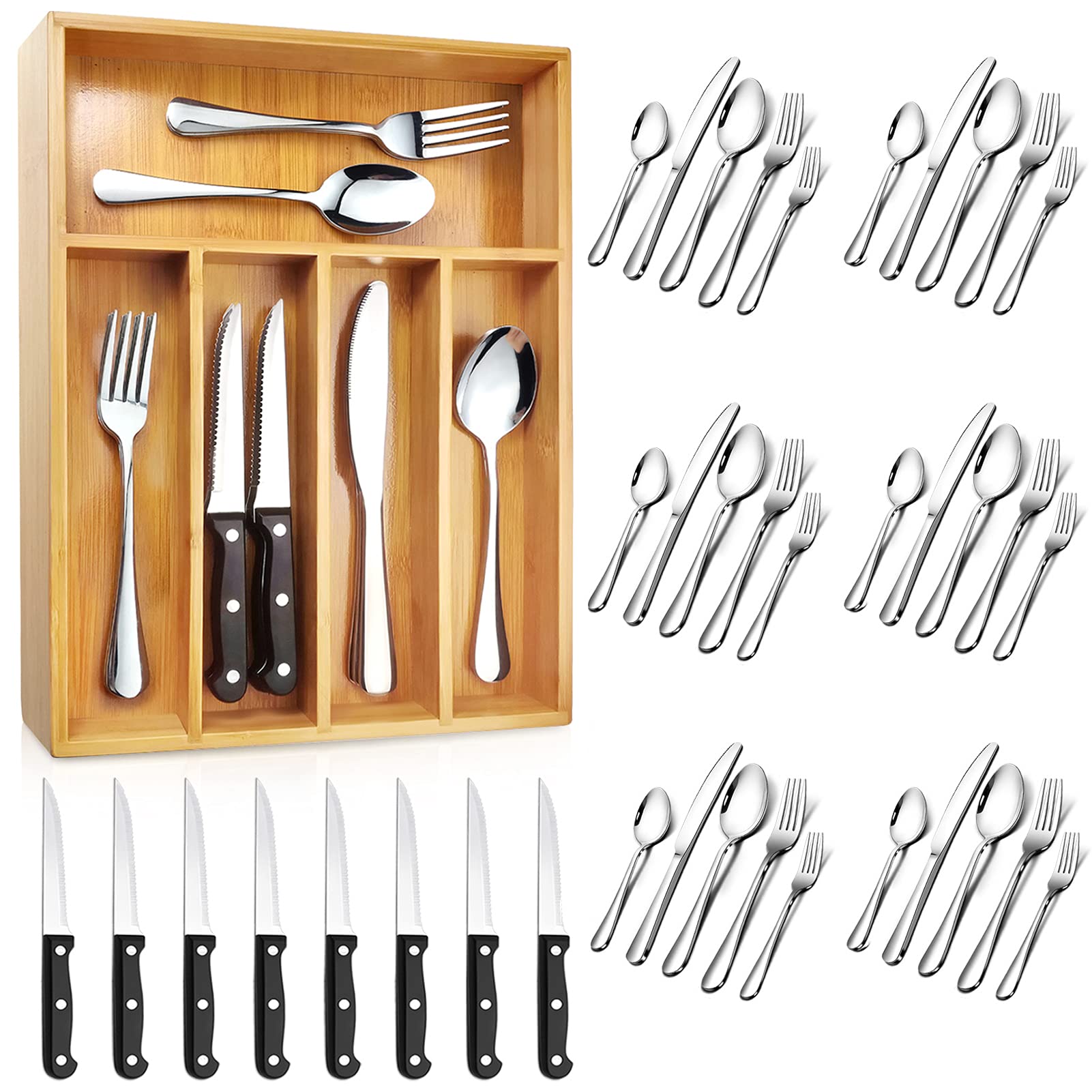 Teivio Silverware Set, Flatware Set Mirror Polished, Dishwasher Safe Service for 6, Include Knife/Fork/Spoon with Bamboo 5-Compartment Silverware Drawer Organizer Box (36 piece, Silver)