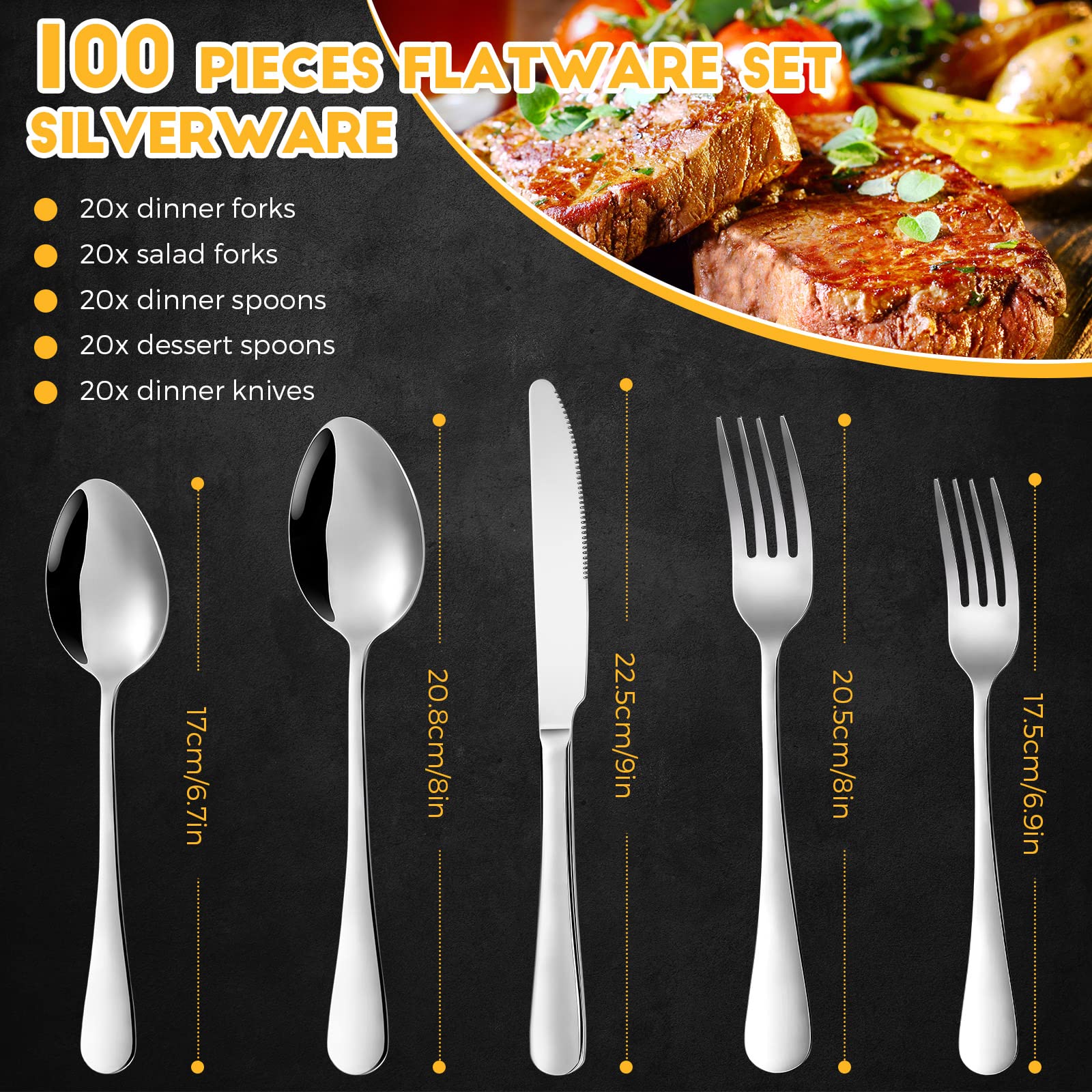 100 Pieces Silverware Set Stainless Steel Flatware Set for 20 Silver Flatware Sets Include Fork Knife Spoon Set, Mirror Finished, Dishwasher Safe