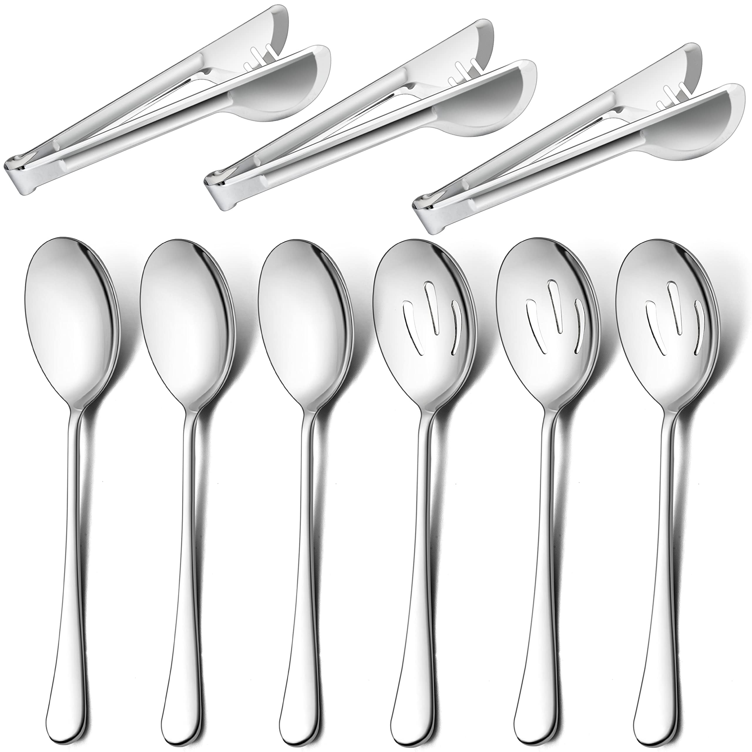 LIANYU 3 Large Serving Spoons, 3 Slotted Serving Spoons, 3 Serving Tongs, 9.8 Inch Stainless Steel Buffet Banquet Catering Serving Spoons Set, Dishwasher Safe