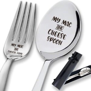 2 Pieces My Mac and Cheese Engraved Stainless Spoon and Fork, Funny Long Handle Dinner Fork Coffee Spoop with Gift Box, Mac and Cheese Lovers Foodie Gifts for Birthday Valentine Christmas