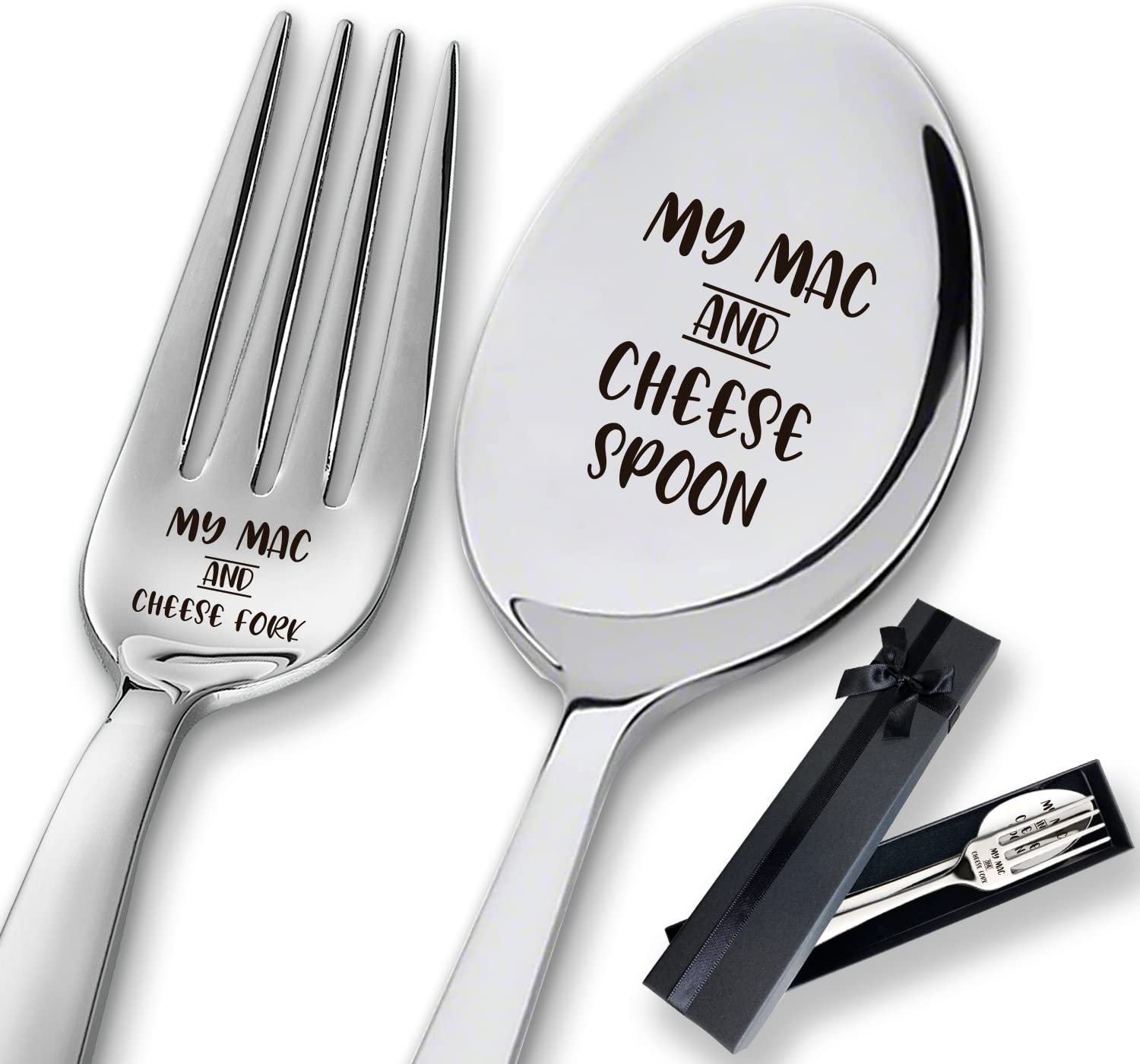 2 Pieces My Mac and Cheese Engraved Stainless Spoon and Fork, Funny Long Handle Dinner Fork Coffee Spoop with Gift Box, Mac and Cheese Lovers Foodie Gifts for Birthday Valentine Christmas