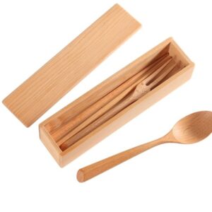 Sanrich Wood Cutlery Set Chopsticks Spoon Fork Kit with Case School Office Lunch Reusable Tableware Camping Flatware Dinnerware Travel Utensils