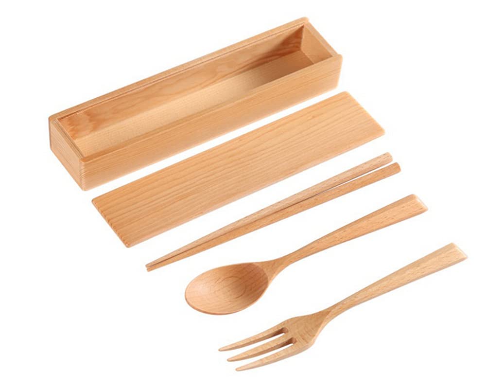 Sanrich Wood Cutlery Set Chopsticks Spoon Fork Kit with Case School Office Lunch Reusable Tableware Camping Flatware Dinnerware Travel Utensils