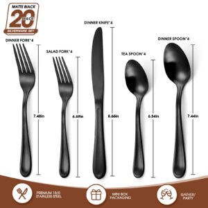 Matte Black Silverware Set,BEGEEL 20 Piece Stainless Steel Flatware Set,Satin Finish Tableware Utensil Set,Service for 4,Upgraded Cutlery Set for Kitchen and Home,Dishwasher Safe