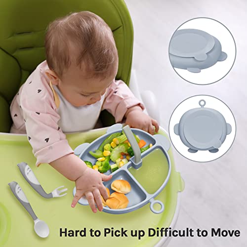 Qishare Silicone Suction Plates for Babies & Toddlers - Strong Suction Grip Divided Dish - Self Eating Utensils Set with Straw, Fork, Spoon for Kids - Dishwasher-Safe Toddler Plates (Blue)