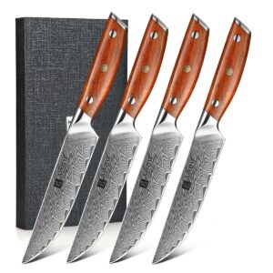 xinzuo damascus steel 4pcs steak knife set, 5 inch premium dinner knife set sharp kitchen table knives -straight edge blade -triple rivet -with gift box -ergonomic rosewood handle-yi series