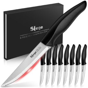 slege steak knives set of 8, serrated stainless steel knives with gift box, dishwasher safe - classic black