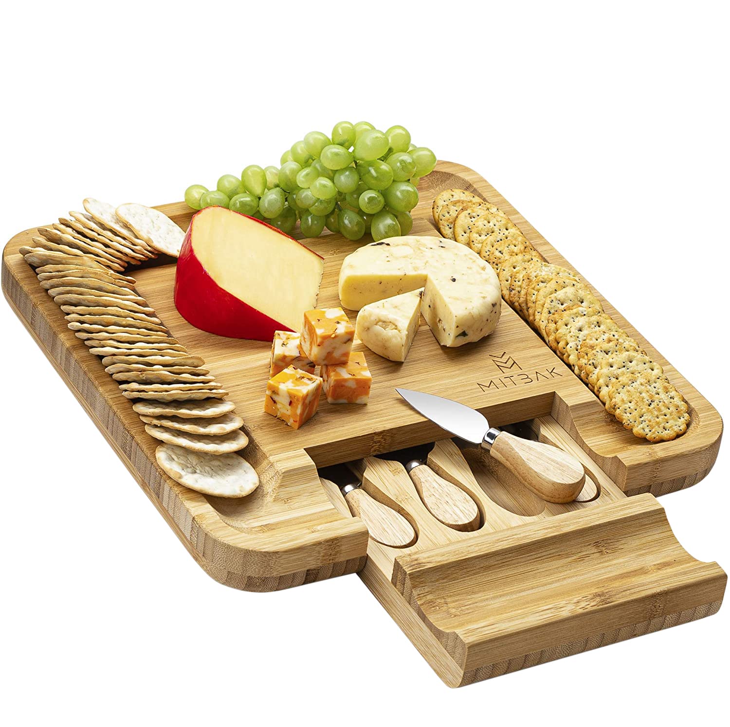 MITBAK Charcuterie Board Tray with 4 Cheese Knives | Bamboo Cheese Board Serving Tray | Cutting Board Platter Great Gift For Christmas, Thanksgiving | 13 x 13 x 1.5 Inches