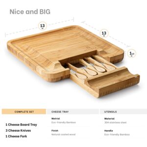 MITBAK Charcuterie Board Tray with 4 Cheese Knives | Bamboo Cheese Board Serving Tray | Cutting Board Platter Great Gift For Christmas, Thanksgiving | 13 x 13 x 1.5 Inches