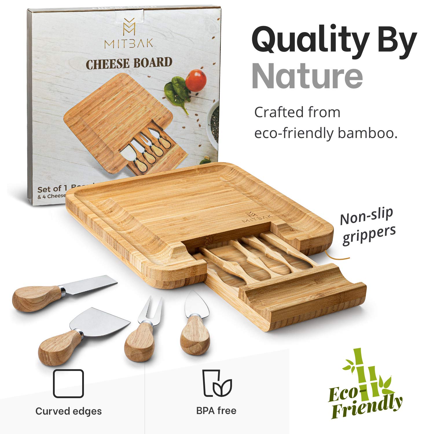 MITBAK Charcuterie Board Tray with 4 Cheese Knives | Bamboo Cheese Board Serving Tray | Cutting Board Platter Great Gift For Christmas, Thanksgiving | 13 x 13 x 1.5 Inches