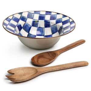 mackenzie-childs royal check enamel salad serving set, enamel bowl and wooden salad servers, decorative kitchen dish