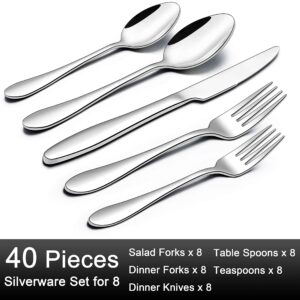 Homikit 40-Piece Silverware Set, Stainless Steel Flatware Cutlery Set for 8, Modern Home Restaurant Wedding Eating Utensils, Include Knife Spoon Fork, Dishwasher Safe, Mirror Polished