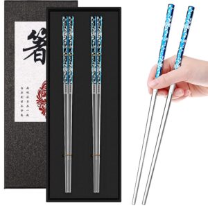 stainless steel chopsticks，reusable chopsticks 304 stainless steel chopsticks lightweight metal chopsticks anti-slip chop sticks 2 pairs chopsticks dishwasher healthy (blue silver)