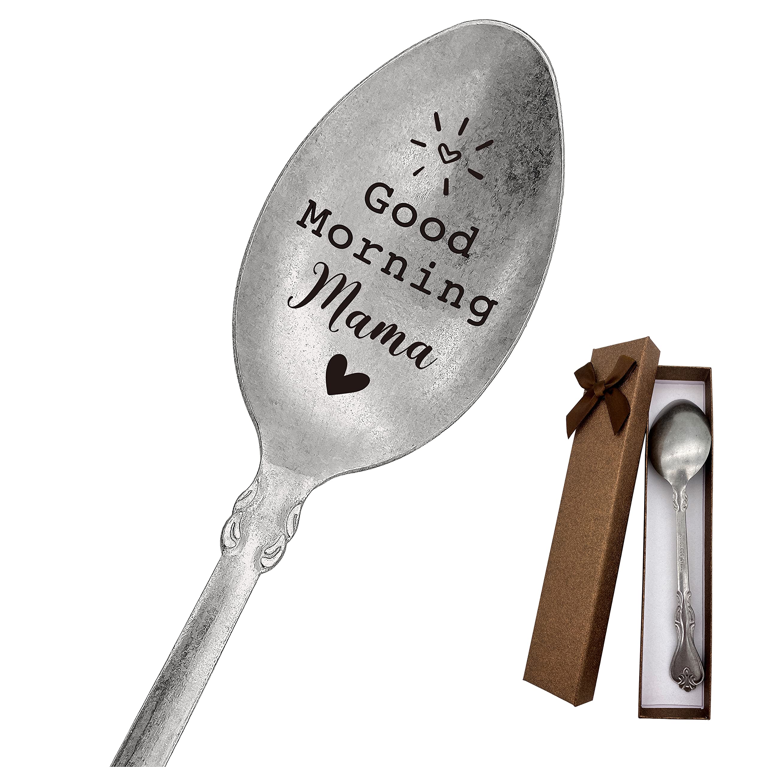 Good Morning Mama Spoon Funny Stainless Steel Engraved Spoon, Retro Matte Long Handle Coffee Tea Spoon Dessert Ice Cream Spoon for Mama Mom Women Birthday Mother's Day Christmas Spoon Gifts