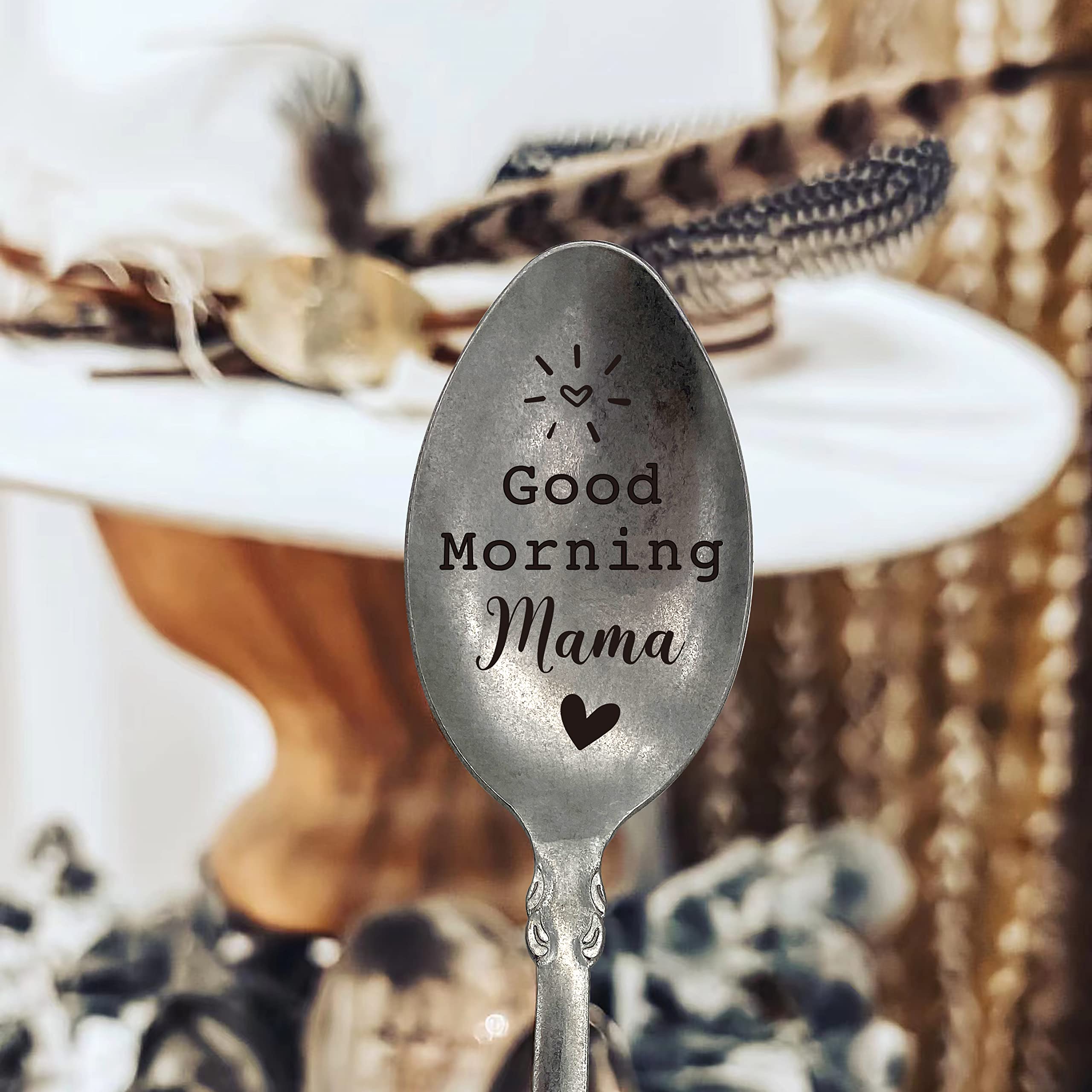 Good Morning Mama Spoon Funny Stainless Steel Engraved Spoon, Retro Matte Long Handle Coffee Tea Spoon Dessert Ice Cream Spoon for Mama Mom Women Birthday Mother's Day Christmas Spoon Gifts