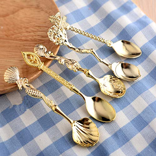 Falytemow Mini Spoons Gold Vintage Demitasse Scoop for Seasoning Coffee Tea Dessert Drink Mixing Milkshake Spoon Tableware Set of 5