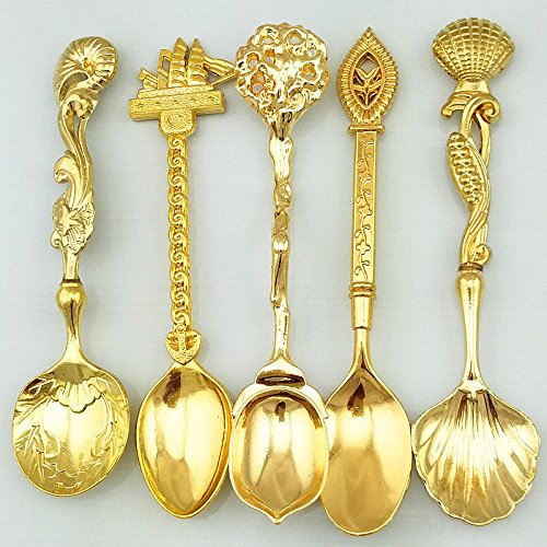 Falytemow Mini Spoons Gold Vintage Demitasse Scoop for Seasoning Coffee Tea Dessert Drink Mixing Milkshake Spoon Tableware Set of 5