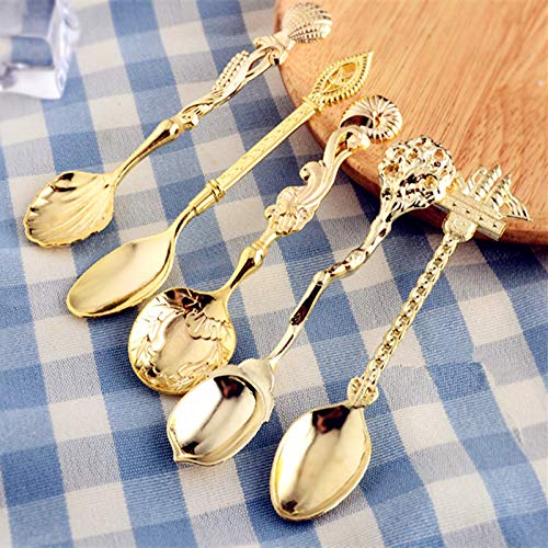 Falytemow Mini Spoons Gold Vintage Demitasse Scoop for Seasoning Coffee Tea Dessert Drink Mixing Milkshake Spoon Tableware Set of 5