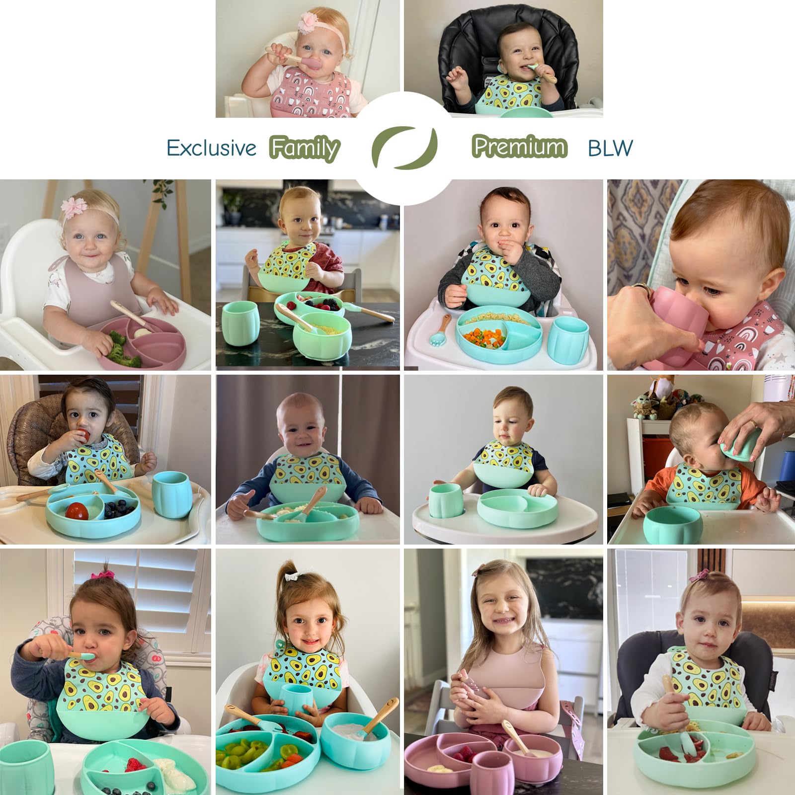 Silicone Baby Feeding Set | truku truku ® | Baby Dinnerware Set - 2 Bibs with Food Catcher, Suction Plates for Baby, Bowl, Toddler Cup, Bamboo Spoon and Fork - Baby Avocado Stuff - 7 pcs (Mint)