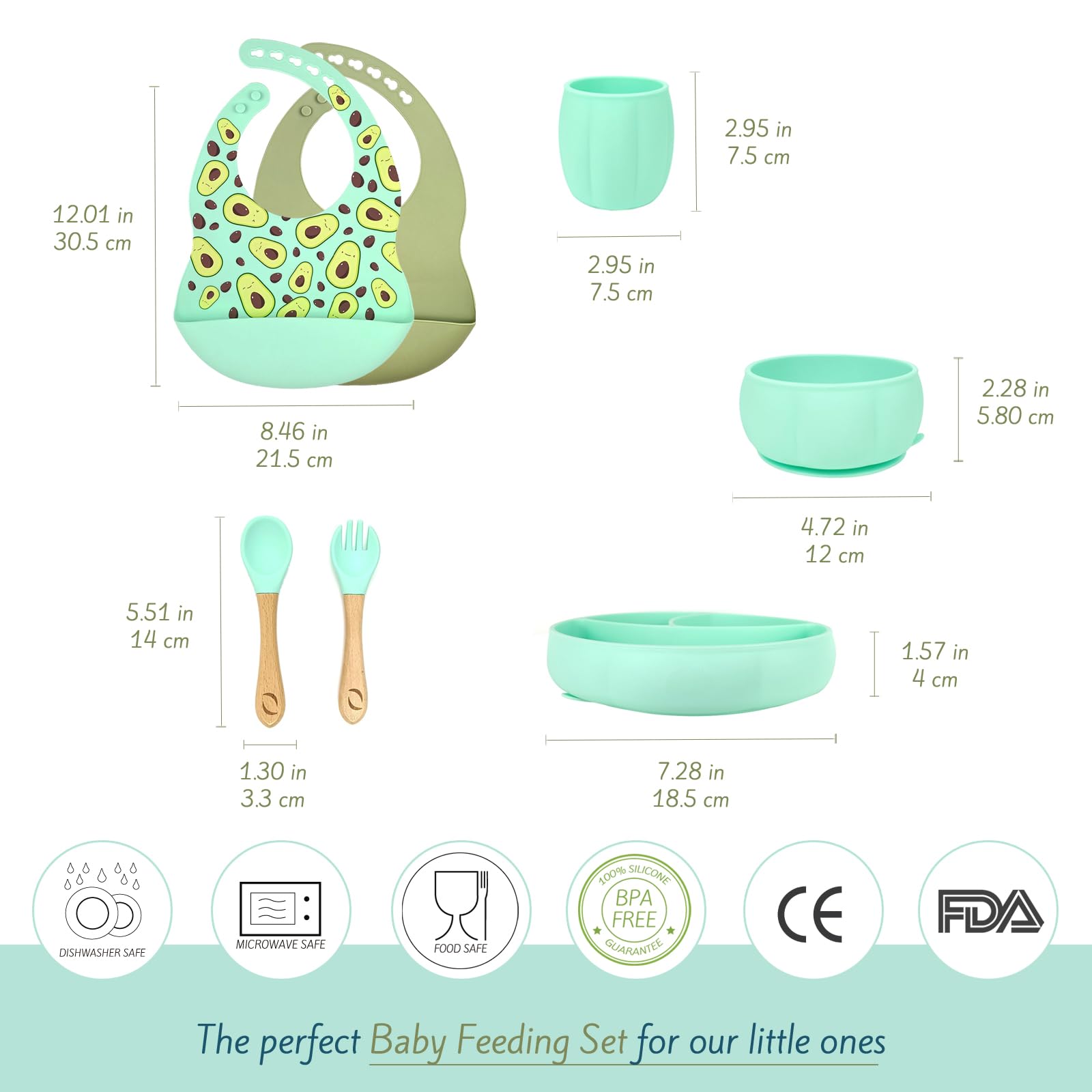 Silicone Baby Feeding Set | truku truku ® | Baby Dinnerware Set - 2 Bibs with Food Catcher, Suction Plates for Baby, Bowl, Toddler Cup, Bamboo Spoon and Fork - Baby Avocado Stuff - 7 pcs (Mint)