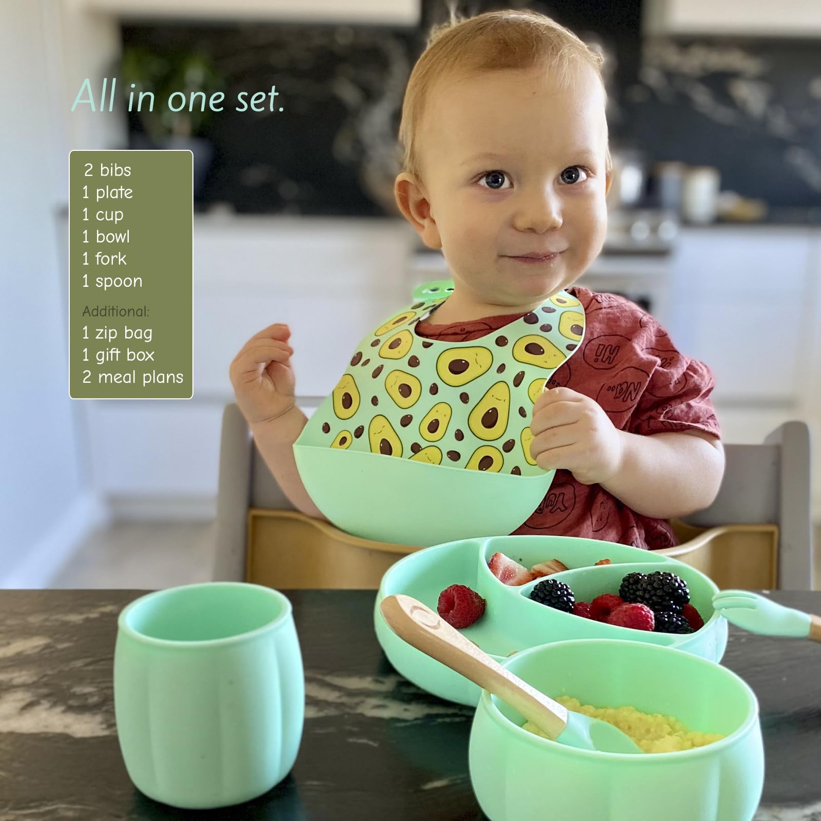 Silicone Baby Feeding Set | truku truku ® | Baby Dinnerware Set - 2 Bibs with Food Catcher, Suction Plates for Baby, Bowl, Toddler Cup, Bamboo Spoon and Fork - Baby Avocado Stuff - 7 pcs (Mint)