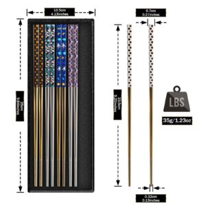 Metal Chopsticks Reusable Chop Sticks 5 Pairs Non-slip Stainless Steel Chopsticks Japanese Korean Chopstick Dishwasher Safe Exquisite Pattern MOUGUTOU Gift Set(Multicolor)