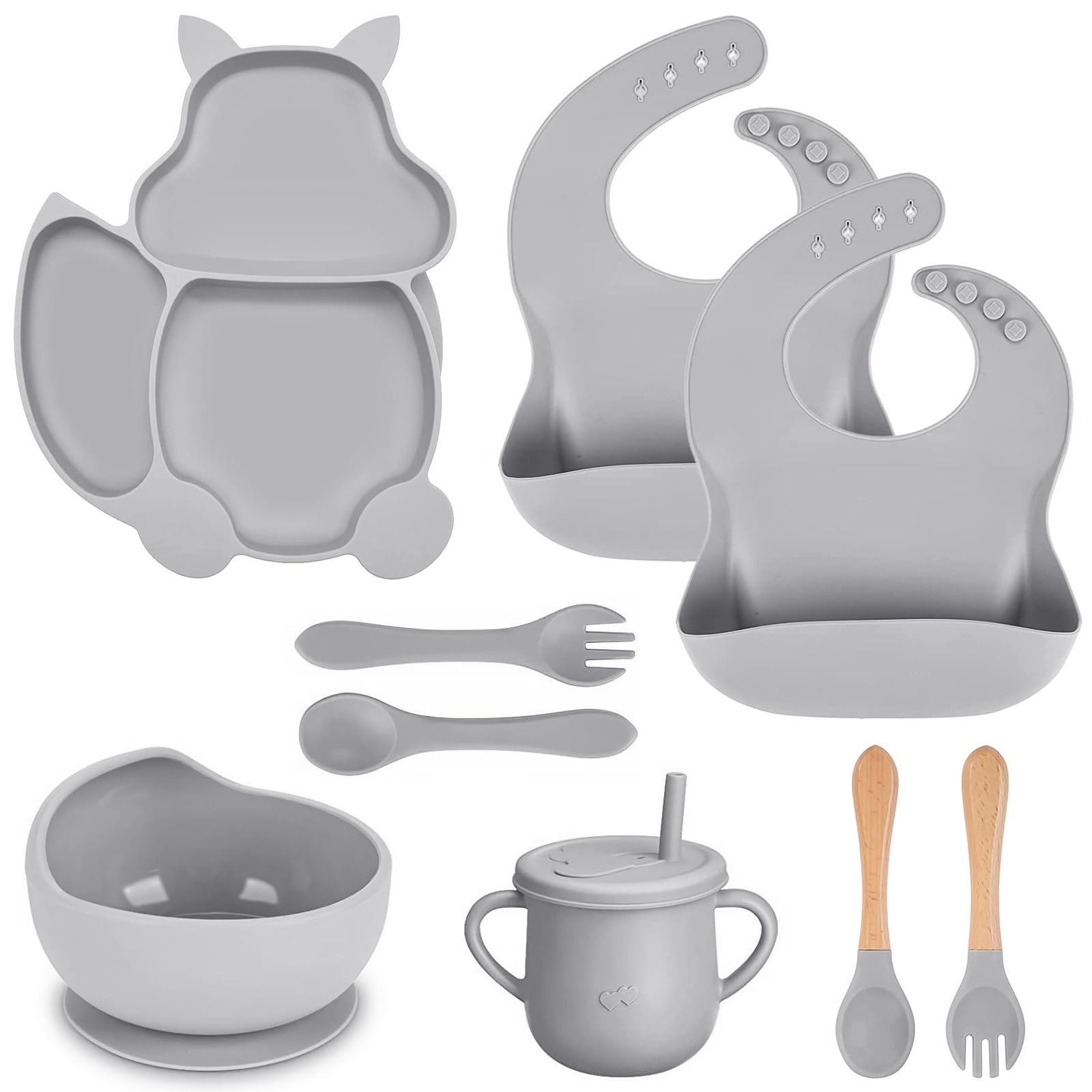 Eiwoda Baby Led Weaning Supplies Silicone Baby Feeding Set, Divided Baby Plates With Suction Baby Bowls,Bibs,Spoon,Fork And Cup with Straw, Toddler Essentials Eating Utensils For Babies