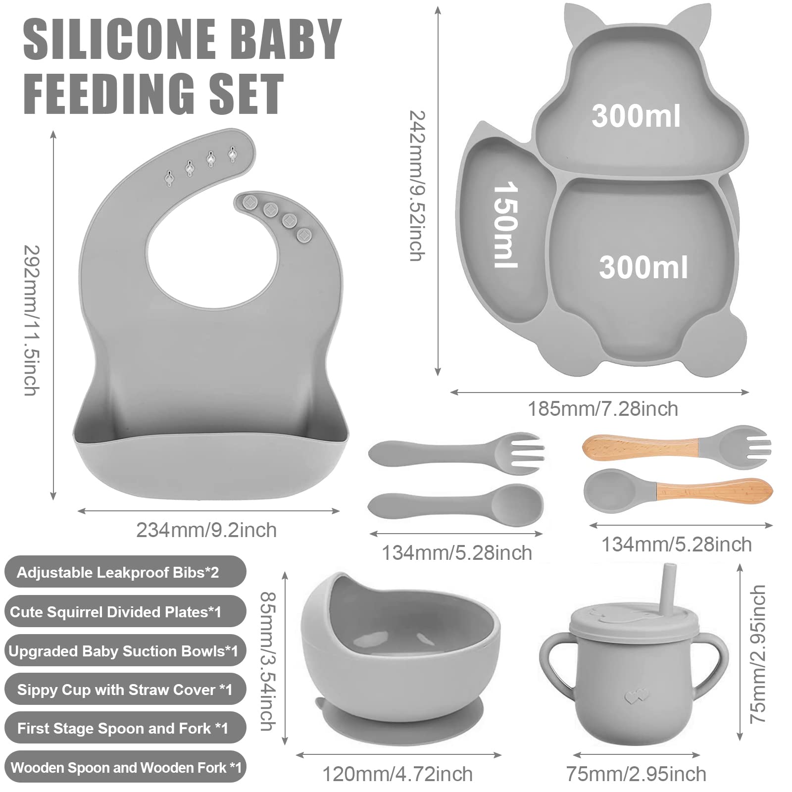 Eiwoda Baby Led Weaning Supplies Silicone Baby Feeding Set, Divided Baby Plates With Suction Baby Bowls,Bibs,Spoon,Fork And Cup with Straw, Toddler Essentials Eating Utensils For Babies