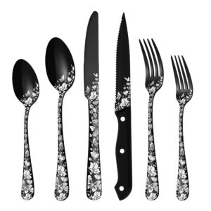 36-piece black silverware set with steak knives for 6, stapava stainless steel flatware cutlery set, unique black utensils tableware set, fork spoon knife set, mirror polished, dishwasher safe