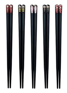 fiberglass chopsticks reusable korean japanese chinese chop sticks, 5 pairs 9 1/2 inch black, dishwasher safe, non-slip stripe gift-box pack cool chopstick