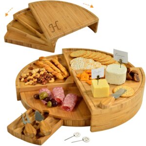 picnic at ascot patented personalized monogrammed engraved bamboo cutting board for cheese & charcuterie with knives & cheese markers - stores as a compact wedge - opens to 18" diameter