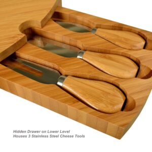 Picnic at Ascot Patented Personalized Monogrammed Engraved Bamboo Cutting Board for Cheese & Charcuterie with Knives & Cheese Markers - Stores as a Compact Wedge - Opens to 18" Diameter