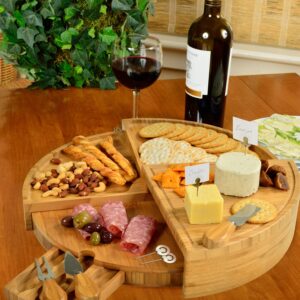 Picnic at Ascot Patented Personalized Monogrammed Engraved Bamboo Cutting Board for Cheese & Charcuterie with Knives & Cheese Markers - Stores as a Compact Wedge - Opens to 18" Diameter