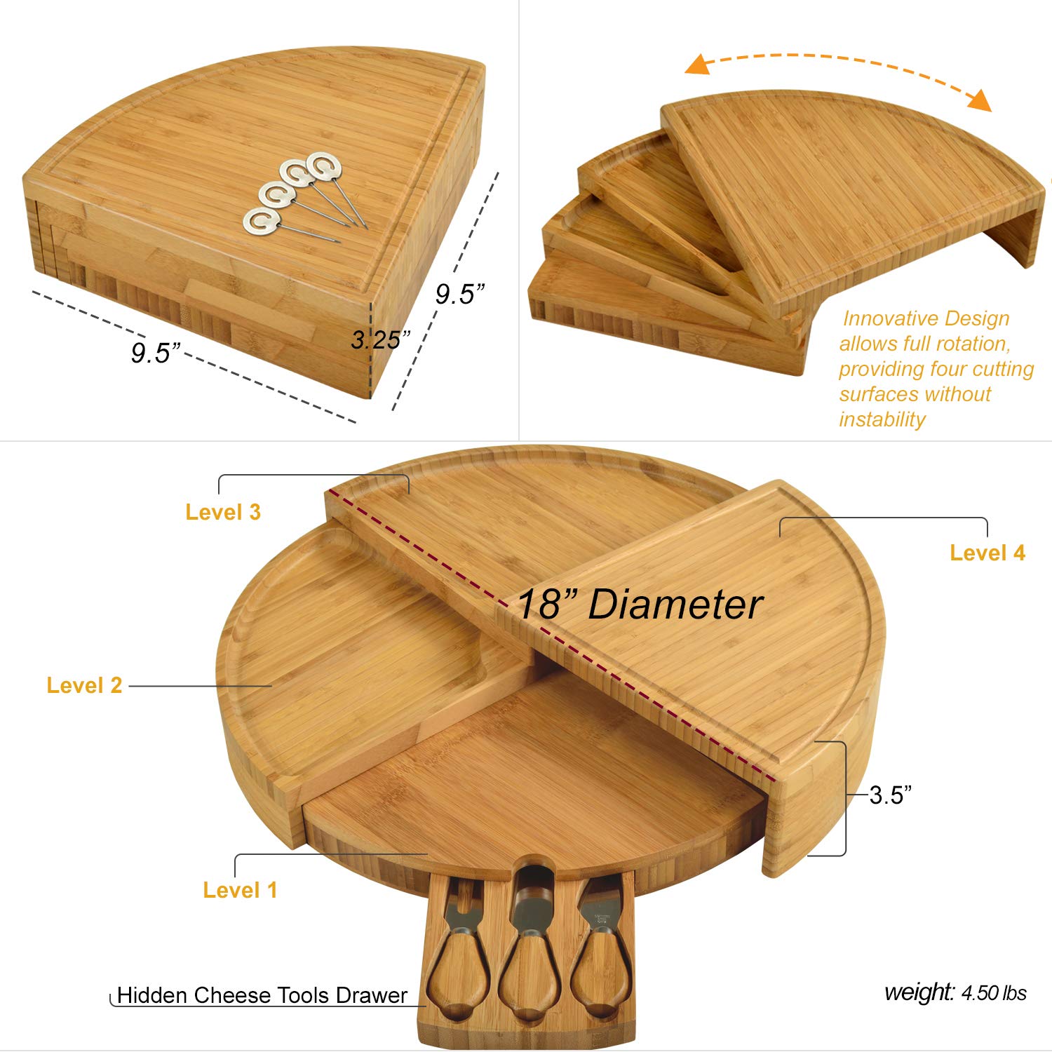 Picnic at Ascot Patented Personalized Monogrammed Engraved Bamboo Cutting Board for Cheese & Charcuterie with Knives & Cheese Markers - Stores as a Compact Wedge - Opens to 18" Diameter