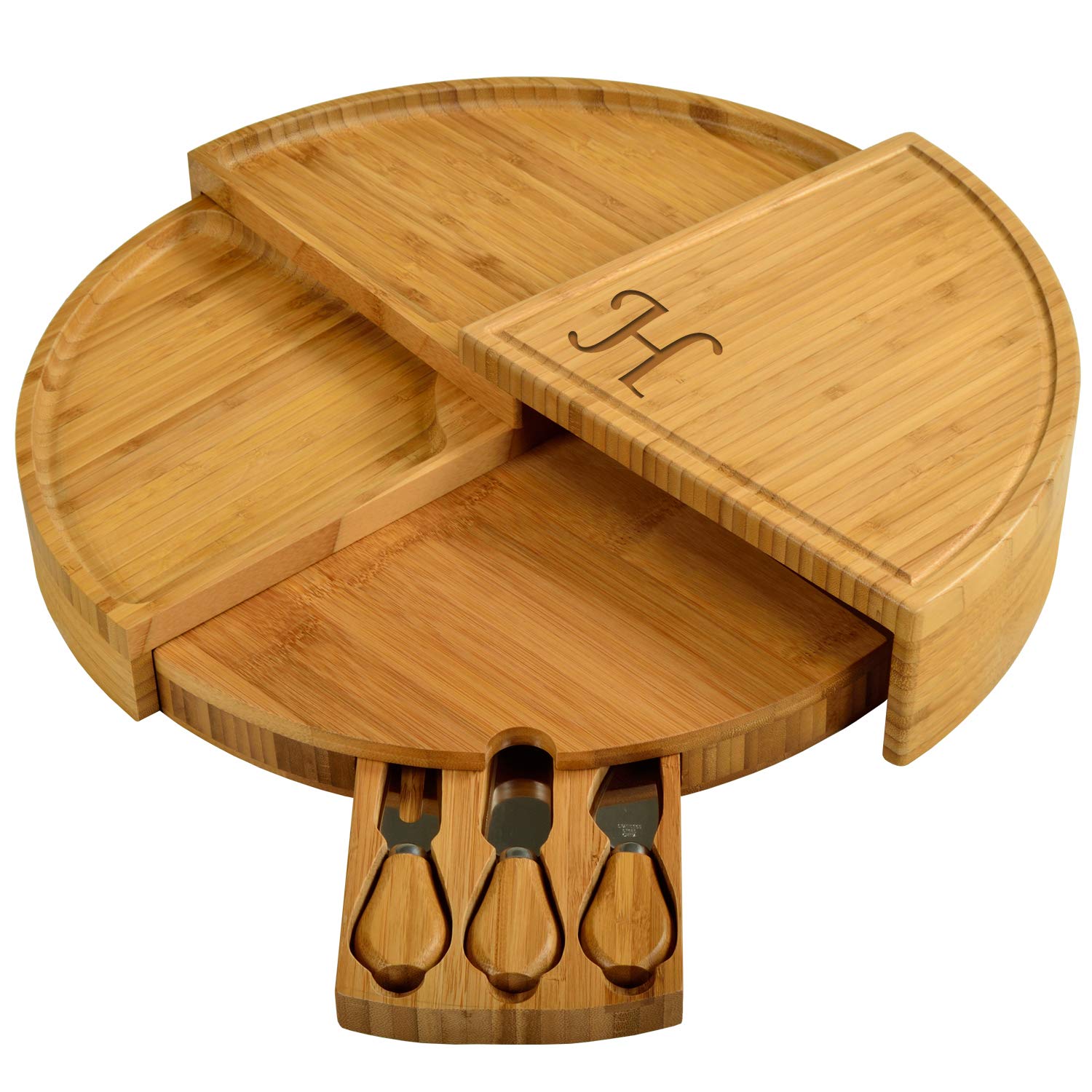 Picnic at Ascot Patented Personalized Monogrammed Engraved Bamboo Cutting Board for Cheese & Charcuterie with Knives & Cheese Markers - Stores as a Compact Wedge - Opens to 18" Diameter