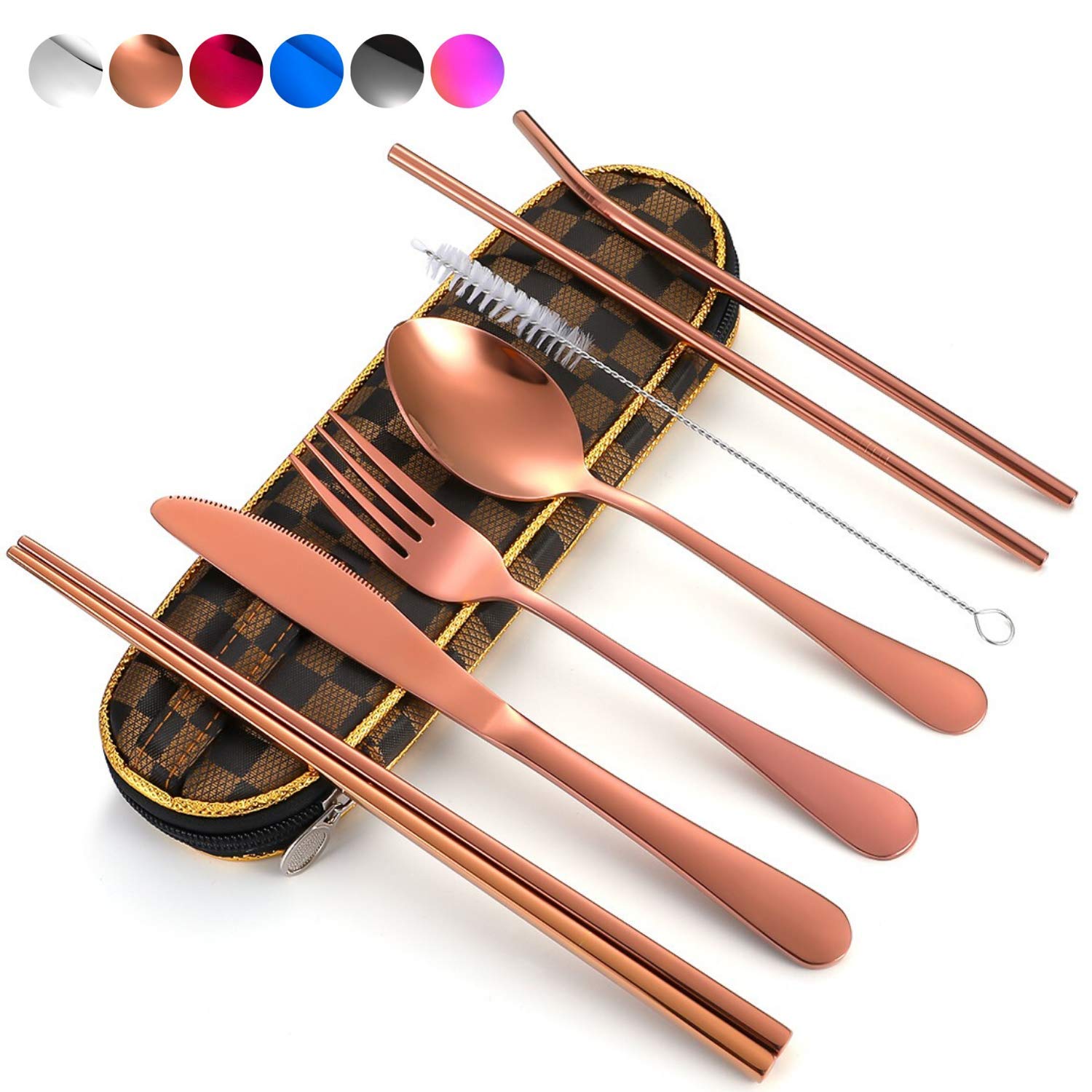 Travel Utensils,Reusable Silverware Set To Go Portable Cutlery Set with a Waterproof Carrying Case for Lunch Boxes Workplace Camping School Picnic (BrownGridCase/Rosegold)