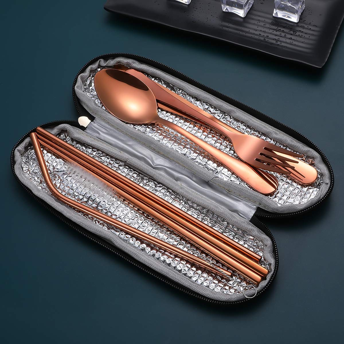 Travel Utensils,Reusable Silverware Set To Go Portable Cutlery Set with a Waterproof Carrying Case for Lunch Boxes Workplace Camping School Picnic (BrownGridCase/Rosegold)