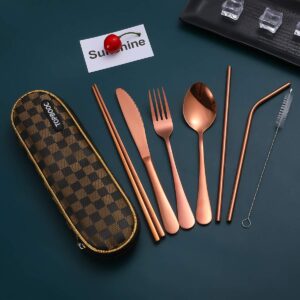 Travel Utensils,Reusable Silverware Set To Go Portable Cutlery Set with a Waterproof Carrying Case for Lunch Boxes Workplace Camping School Picnic (BrownGridCase/Rosegold)