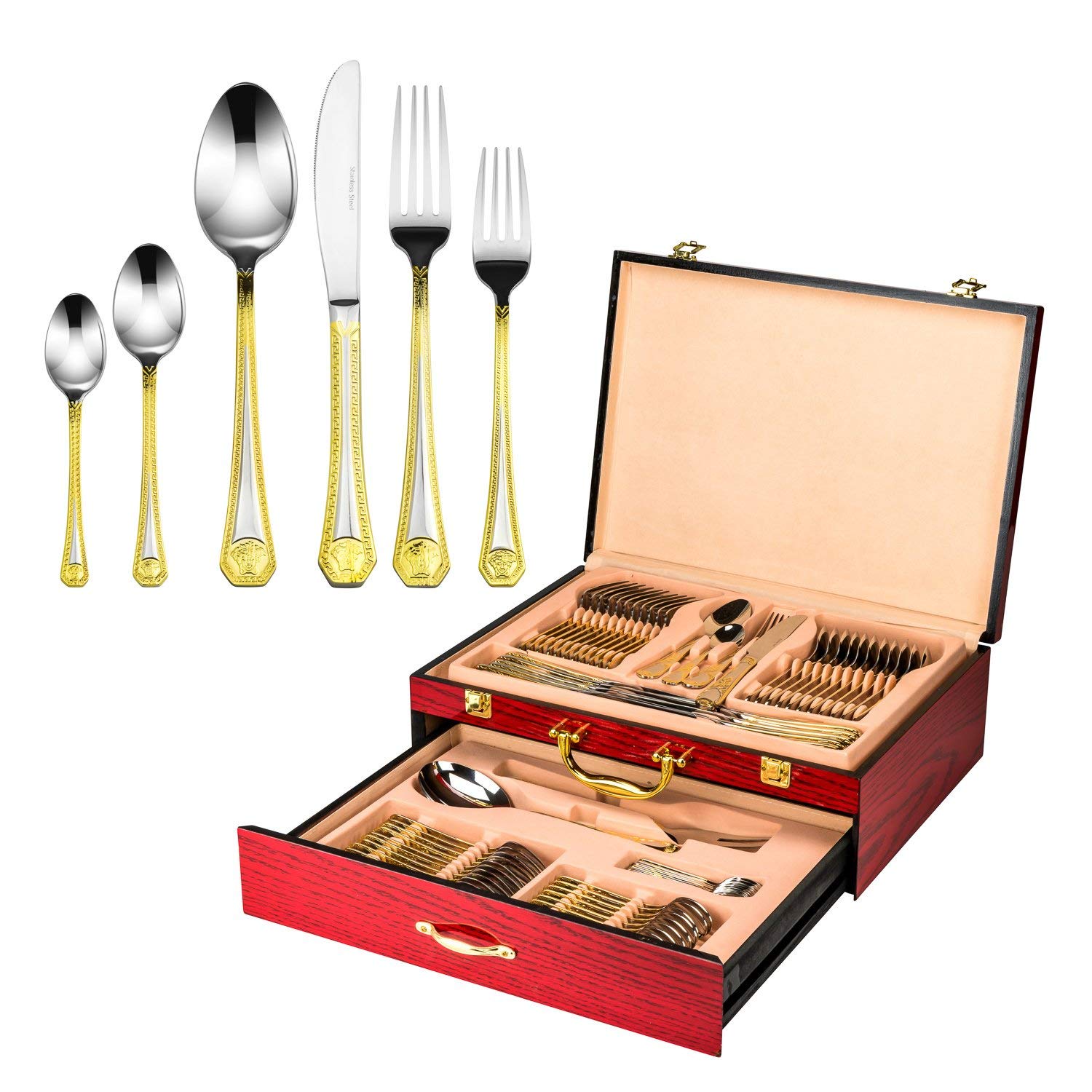 Italian Collection 'Greek Medusa' 75-Piece Premium Surgical Stainless Steel Silverware Flatware Set 18/10, Service for 12, 24K Gold-Plated Hostess Serving Set in a Wooden Case