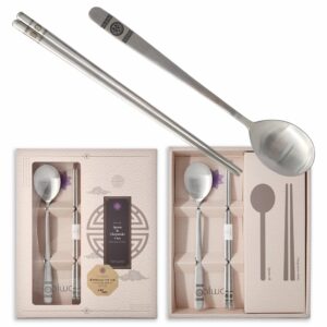 balwoo [5 sets] [made in korea] korean sticky rice spoon chopsticks set gold titanium plating 304 stainless steel tableware cutlery set mukbang chopsticks (korean palace pattern, 5 sets)