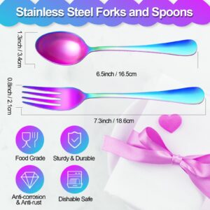 48 Pieces Rainbow Forks and Spoons Rainbow Silverware Set for 24 Colored Stainless Steel Flatware Cutlery Set for Daily Meal, Kitchen Restaurant, Dishwasher Safe