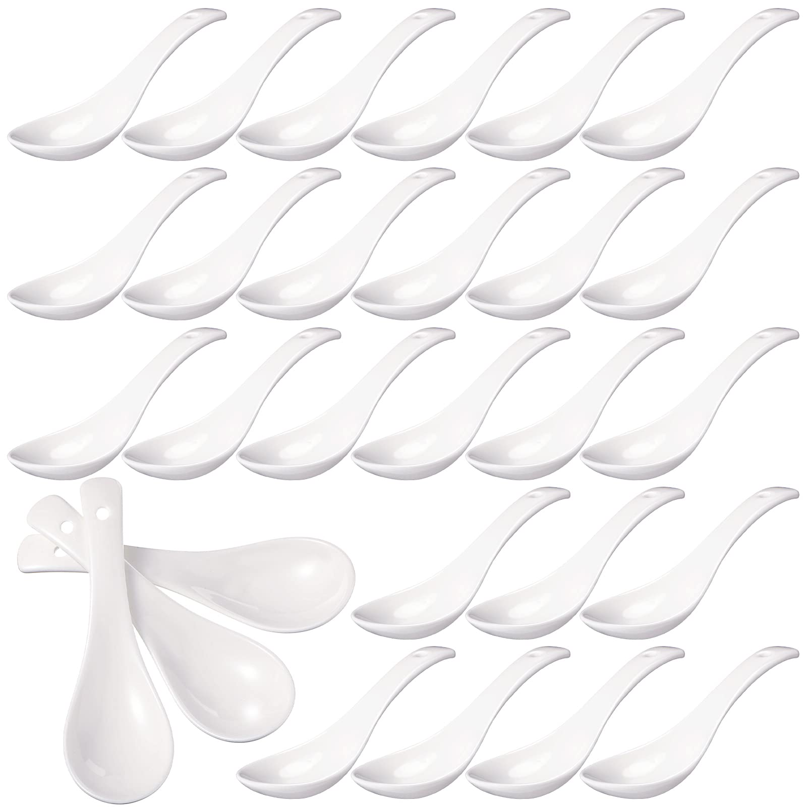 50 Pack Ceramic Soup Spoons Bulk 5.43 Asian Soup Spoon Set Bright White Ultra Fine Porcelain Tablespoon with Deep Oval Hook Design Dishwasher Safe for Wonton Dumpling Miso Cereal Ramen